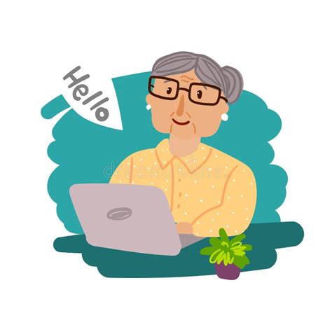 Happy Grandma With Laptop Hand Drawn Beautiful Vector Illustration