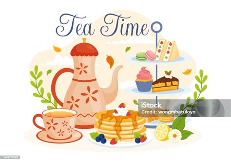 뜨거운 음료 달콤한 디저트 및 쿠키의 머그잔과 함께 티타임 벡터 그림은 일반적으로 플랫 만화 손으로 그린 템플릿에서 식사 사이에 수행됩니다 0명에 대한 스톡 벡터 아트 및