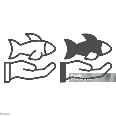 손에 물고기 손바닥 라인과 단색 아이콘 수산물 개념 벡터 그래픽 흰색 배경에 손 기호가 있는 신선한 생선 모바일 또는 웹