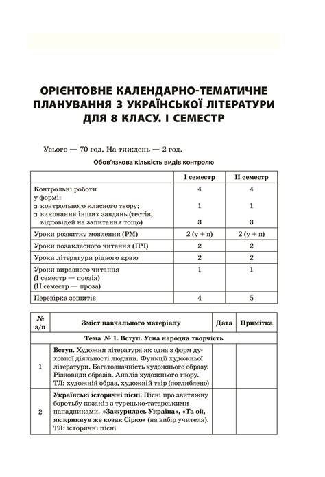 Украинская литература Конспекты уроков 8 класс І семестр