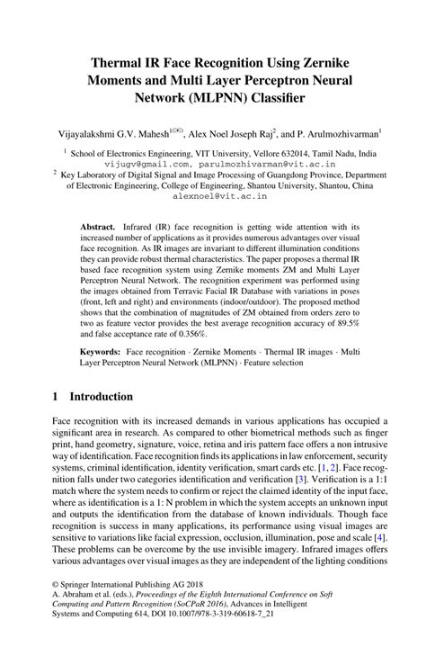 Pdf Thermal Ir Face Recognition Using Zernike Moments And Multi Layer Perceptron Neural