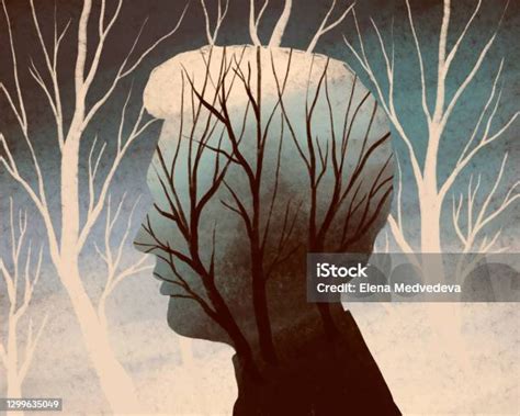 나무의 배경에 남자의 프로필의 그림 심리적 문제 생태학 외로움 외로움의 문제 외부 세계와의 연결 철수 인물 사진에 대한 스톡 벡터 아트 및 기타 이미지 Istock