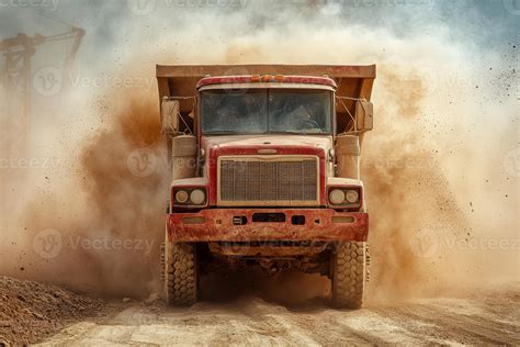 A Red Dump Truck Driving Through A Dusty Construction Site Creating A