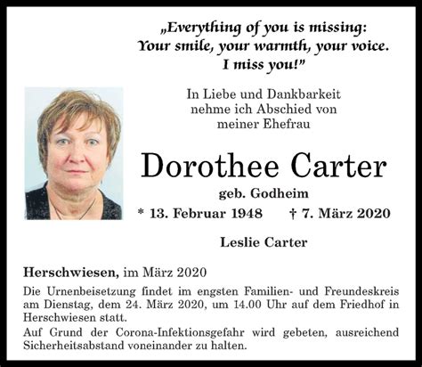 Traueranzeigen Von Dorothee Carter Rz Trauer De