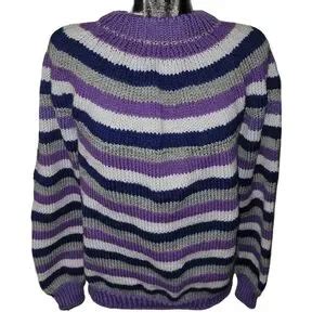 Handmade Sweaters Handmade Striped Purple Gray And Blue Knit Crew