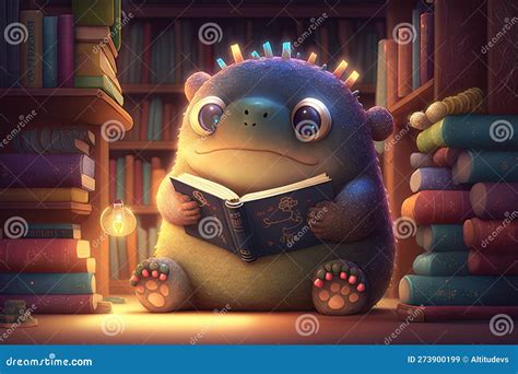 Cute Monster Reads In Cozy Library Surrounded By Towering Bookshelves