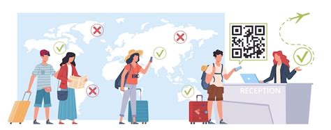 건강 여권 사람들은 전염병 벡터 만화 평면 고립 된 개념 동안 Qr 코드 공항 리셉션 녹색 인증서 소지자 관광을 스캔하는