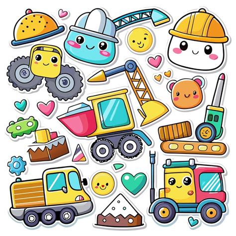 귀여운 만화 건설 차량 심장과 산 프리미엄 Ai 생성 벡터