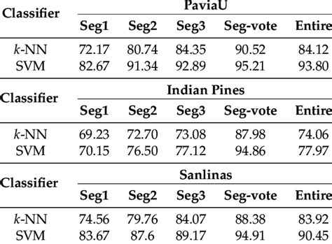 classification accuracy on three datasets with different segments