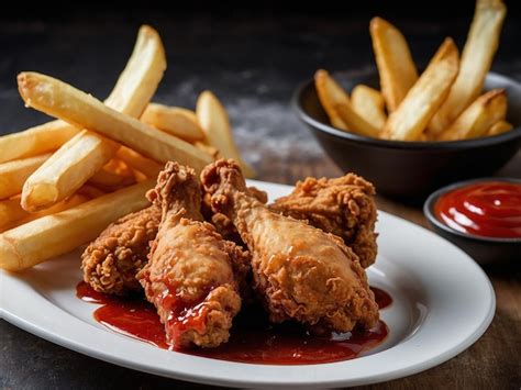 Deepfried Fried Chicken Pieces Meat With Red Ketchup Sauce In A White
