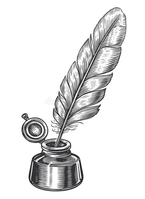 Inkwell And Feather Quill Dip Pen In Vintage Engraving Style Hand