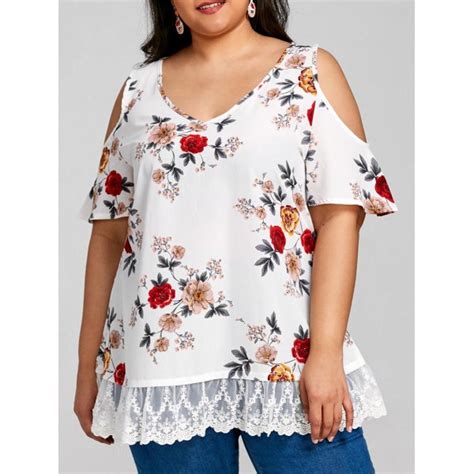 Cold Shoulder Plus Size Floral Blouse White Big And Sexy Sportswear