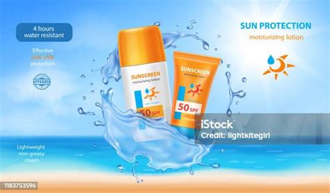 물 현실적인 스플래시에 선스크린 크림 튜브 사실적인 3d 용기가 있는 스킨케어 로션 광고 방수 화장품 제품 여름 배너입니다 햇볕 차단 로션에 대한 스톡 벡터 아트 및 기타
