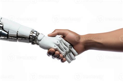AI Generated Robot Hand Shaking Human Hand Isolated On White Background