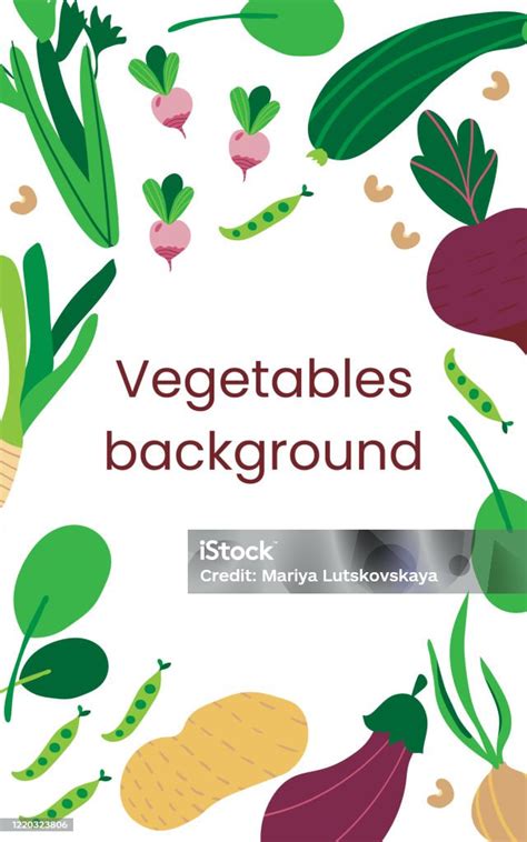 텍스트 공간이있는 신선한 야채 배경입니다 메뉴 디자인 엽서 초대장을위한 템플릿 흰색 배경에 야채입니다 플랫 벡터 그림입니다 개체 그룹에 대한 스톡 벡터 아트 및 기타 이미지