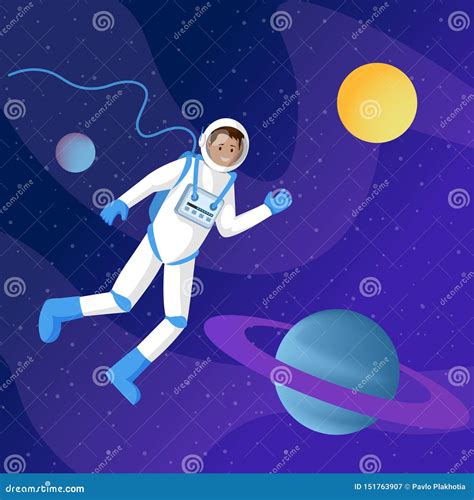 Cosmonaut In Spacesuit Floating Vector Illustration Female Astronaut