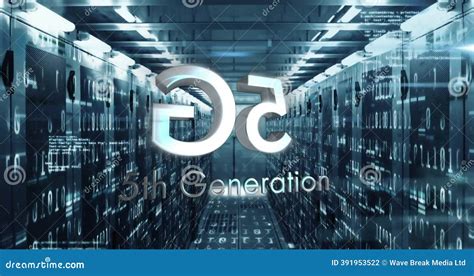 Hovering Glowing 5g Icon Floating Inside Data Center Corridor With