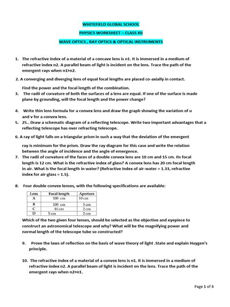 Revision Worksheet Ray Optics Wave Optics And Optical Instruments Pdf