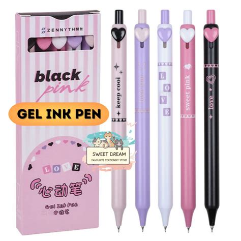 5pcs Zennyth Blackpink Gel Ink Pen Sweet Love Button 05mm Ballpoint