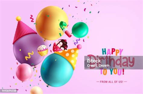 생일 축하 벡터 디자인 풍선과 컵 케이크 파티 요소가 있는 생일 인사말 텍스트입니다 공휴일에 대한 스톡 벡터 아트 및 기타
