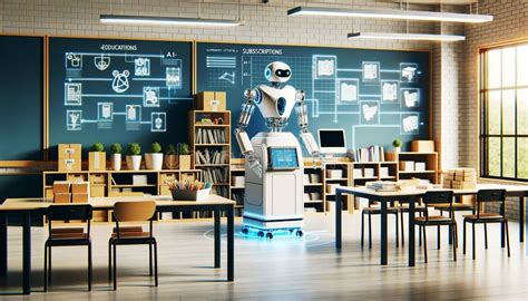 Robot Teacher In Futuristic Classroom Setting With An Ai Robot Teacher Presenting Educational