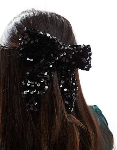 Pieces Sequin Bow Hair Clip In Black Asos
