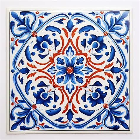 Contemporary Frescoes Blue White And Red Pattern Square Ceramic Tile