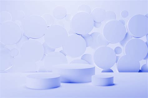 추상 무대 모형에 있는 세 개의 연보라색 원형 연단 부드럽게 빛나는 비행 서클 장식 템플릿 3d 일러스트 레이 션 현대 장면 프리젠 테이션 화장품 상품 브랜딩 판매