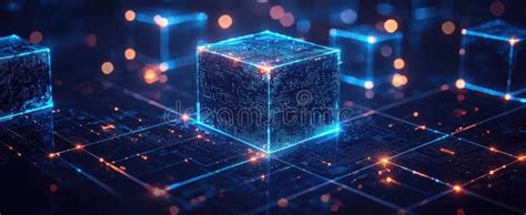 Digital Data Blocks In Dark Futuristic Cyberspace Blue Neon Glowing Cubes With Cyber Energy