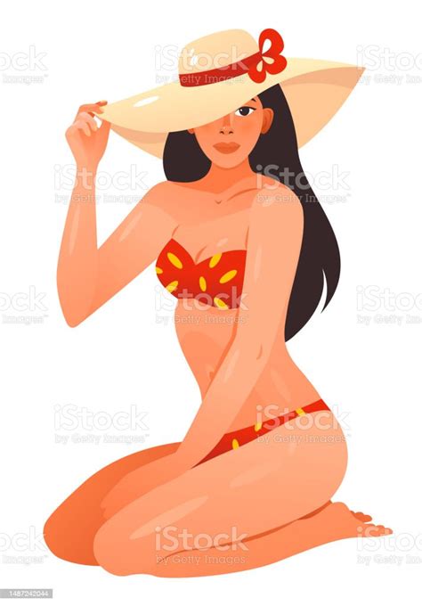 수영복과 여름 모자를 쓴 여자 수영복을 입은 여성이 일광욕을 하고 있다 만화 벡터 그림입니다 관광에 대한 스톡 벡터 아트 및