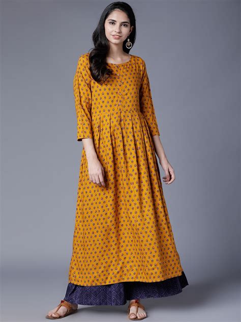 Buy Vishudh Women Mustard And Navy Blue Printed Anarkali Kurta Kurtas