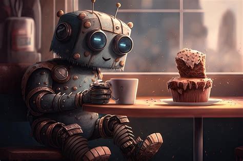 Premium Ai Image Cute Robot Enjoying Coffee And Muffin In A Cozy Cafe