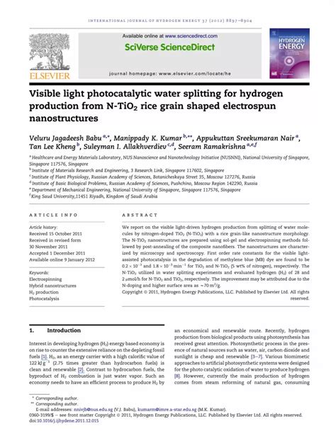 Pdf Visible Light Photocatalytic Water Splitting For Hydrogen Production From N Tio2 Rice
