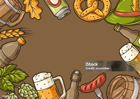 맥주 축제 또는 옥토버 페스트에 대한 일러스트 레이션 펍 또는 바 메뉴 및 전단지에 대한 배경 맥주에 대한 스톡 벡터 아트 및