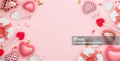 해피 발렌타인 데이 어머니의 날 배경에는 사실적인 하트 풍선 하트 화살표 선물 상자 및 로즈 골드 색종이가 있는 텍스트 복사