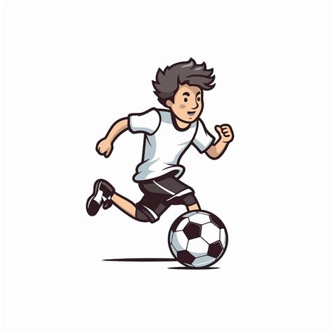 공과 함께 달리는 축구 선수 만화 스타일의 터 일러스트레이션 프리미엄 벡터
