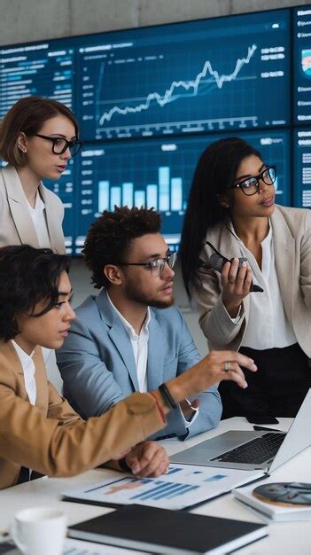 Diverse Team Of Data Scientists Analyzing Information And Graphs On Big Digital Screen In Modern