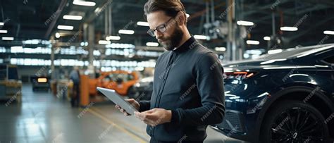 Premium Photo Car Factory Engineer In Work Uniform Using Tablet Compute
