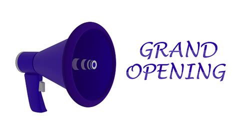 그랜드 오프닝 배너 템플릿입니다 소셜 네트워크 벡터 일러스트레이션을 위한 광고 디자인 소매 홍보 및 발표를 위한 템플릿입니다 온라인 쇼핑 및 마케팅 전단지 3d 블루 메가폰