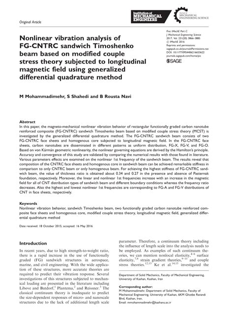 PDF Nonlinear Vibration Analysis Of FG CNTRC Sandwich Timoshenko Beam