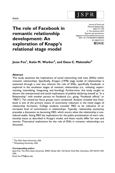 Pdf The Role Of Facebook In Romantic Relationship Development An