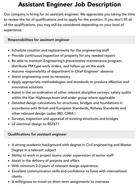 Assistant Engineer Job Description Velvet Jobs