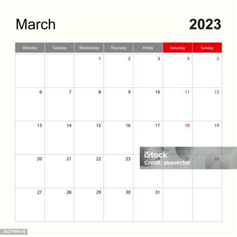 2023 년 3 월의 벽 달력 템플릿 휴일 및 이벤트 플래너 주가 월요일에 시작됩니다 0명에 대한 스톡 벡터 아트 및 기타 이미지 0명 2023년 계절 Istock