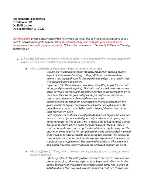 Econ 310 PS 1 Instructor Kelli Lanier Experimental Economics Problem Set Dr Kelli Lanier