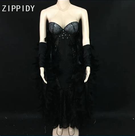 Flashing Black Rhinestones Sequins See Through Dress Nightclub Women