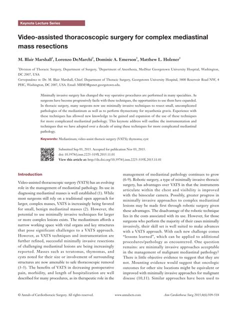 Pdf Video Assisted Thoracoscopic Surgery For Complex Mediastinal Mass