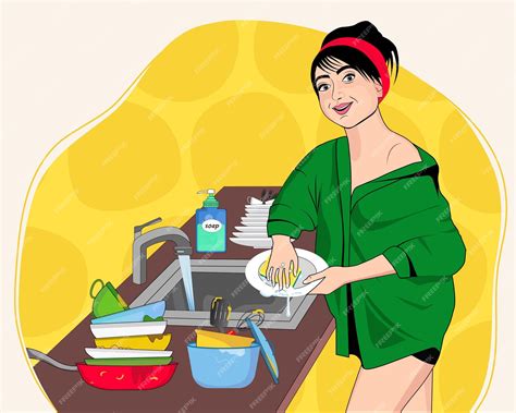 Premium Vector Women Or Girl Washing Dishes Beautiful Girl Doing Kitchen Work Domestic Work