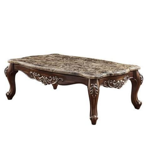 57 In Antique Oak And Brown Marble Faux Marble Rectangular Coffee Table
