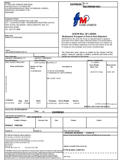 Bill Of Lading Malaysia Audrey Murray