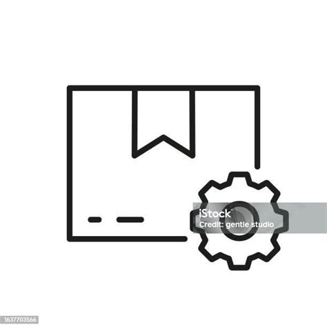 기어 라인 아이콘이 있는 소포 배송 주문 선형 픽토그램 배달 서비스 설정 서명 톱니바퀴 및 판지 상자 윤곽선 기호 편집 가능한 획 격리된 벡터 그림 검은색에 대한 스톡 벡터